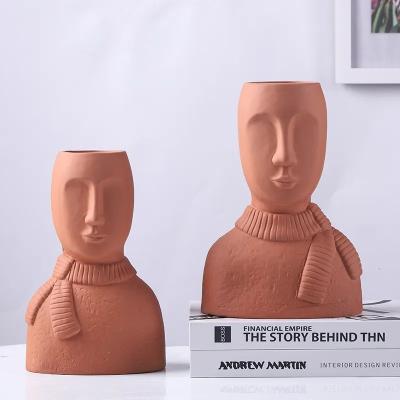 China Nordic Human Face Ceramic Vase 18x7x26cm Terracotta Home Decor Flower Container for sale