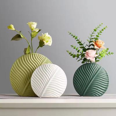 China Modern Ceramic Leaf Vase 7.5x6.5x14 cm Matt Glaze Artificial Flower Bouquet Holder Home Decorative Wedding Table for sale