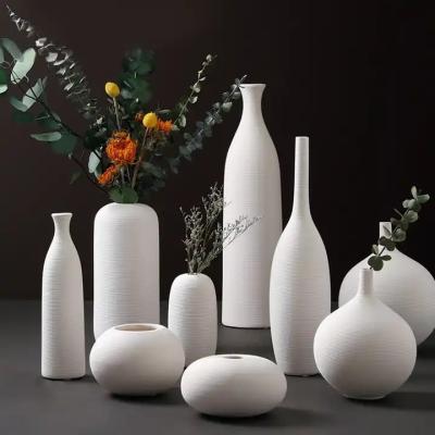 China White Ceramic Vase Striped Brushed Texture Narrow Mouth 25x10x49cm Home Decorative Flower Vessel for sale