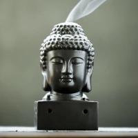 China Ceramic Buddha Head Incense Stick Holder 8.2x14cm Black Sandalwood Burner for Home Temple for sale