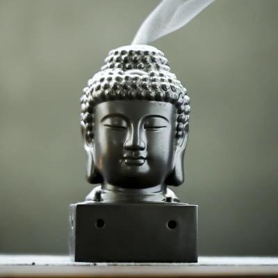 China Ceramic Buddha Head Incense Stick Holder 8.2x14cm Black Sandalwood Burner for Home Temple for sale