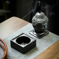 China Ceramic Buddha Head Incense Stick Holder 8.2x14cm Black Sandalwood Burner for Home Temple for sale
