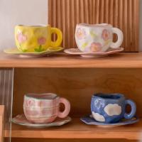 China Hand-painted Ceramic Coffee Cup and Saucer Set 250ml Irregular Mug with Blue Sky White Clouds Design for sale