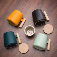China Ceramic Coffee Mug 450ml with Wooden Handle and Bamboo Lid Nordic Minimalist Style for Home Office for sale