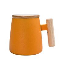 China Ceramic Coffee Mug 450ml with Wooden Handle and Bamboo Lid Nordic Minimalist Style for Home Office for sale