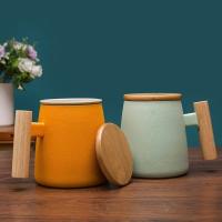 China Ceramic Coffee Mug 450ml with Wooden Handle and Bamboo Lid Nordic Minimalist Style for Home Office for sale