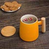 China Ceramic Coffee Mug 450ml with Wooden Handle and Bamboo Lid Nordic Minimalist Style for Home Office for sale
