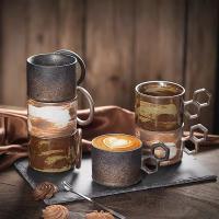China 2023 New Creative Stackable Ceramic Coffee Cup with Geometric Ring Handle Ins Retro Water Mug Pottery Clay Cups for sale