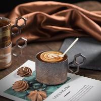China 2023 New Creative Stackable Ceramic Coffee Cup with Geometric Ring Handle Ins Retro Water Mug Pottery Clay Cups for sale