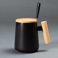 China Nordic Wooden Handle Ceramic Coffee Mug Set 480ml with Lid and Spoon for Home Office for sale