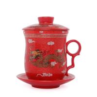 China 330ml Ceramic Traditional Chinese Tea Cup with Infuser Lid Dragon Artwork Red Drinking Mug 12x9cm for sale