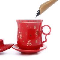 China 330ml Ceramic Traditional Chinese Tea Cup with Infuser Lid Dragon Artwork Red Drinking Mug 12x9cm for sale