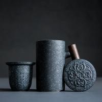 China Ceramic Wooden Handle Mug Tea Water Separation Cup Tea Cup Personalized Lettering for sale