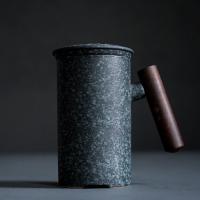China Ceramic Wooden Handle Mug Tea Water Separation Cup Tea Cup Personalized Lettering for sale