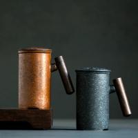 China Ceramic Wooden Handle Mug Tea Water Separation Cup Tea Cup Personalized Lettering for sale