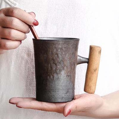 China Japanese Vintage Ceramic Coffee Mug 350ml Rust Glaze with Wood Handle Tea Milk Beer Cup Home Office for sale