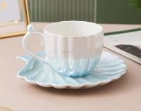 China Pearl Shell Ceramic Coffee Cup Saucer Set 240ml Modern Design Heart Girl Home Breakfast for sale