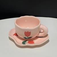 China Hand-painted Tulip Checkerboard Ceramic Coffee Cup Set 200ml Retro Art Mug with Plate for sale