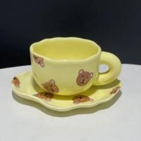 China Hand-painted Tulip Checkerboard Ceramic Coffee Cup Set 200ml Retro Art Mug with Plate for sale