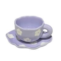 China Hand-painted Tulip Checkerboard Ceramic Coffee Cup Set 200ml Retro Art Mug with Plate for sale