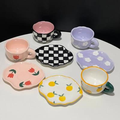 China Hand-painted Tulip Checkerboard Ceramic Coffee Cup Set 200ml Retro Art Mug with Plate for sale