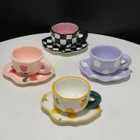 China Hand-painted Tulip Checkerboard Ceramic Coffee Cup Set 200ml Retro Art Mug with Plate for sale
