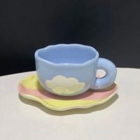 China Hand-painted Tulip Checkerboard Ceramic Coffee Cup Set 200ml Retro Art Mug with Plate for sale