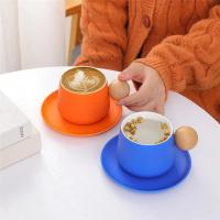 China Nordic Style Ceramic Mug with Wooden Handle 350ml Custom Logo Coffee Tea Cup for sale