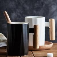 China 380ml Matte Ceramic Coffee Mug with Bamboo Lid and Wooden Handle Travel Cup Gift Box for sale