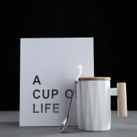 China 380ml Matte Ceramic Coffee Mug with Bamboo Lid and Wooden Handle Travel Cup Gift Box for sale
