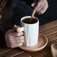 China 380ml Matte Ceramic Coffee Mug with Bamboo Lid and Wooden Handle Travel Cup Gift Box for sale