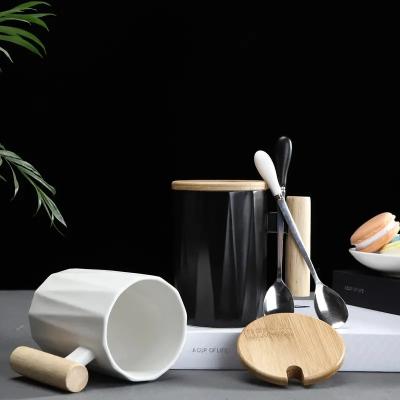 China 380ml Matte Ceramic Coffee Mug with Bamboo Lid and Wooden Handle Travel Cup Gift Box for sale