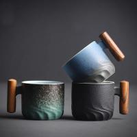 China Japanese Ceramic Tea Coffee Cup 80ml Wooden Handle Retro Mug Office Drinkware for sale