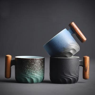China Japanese Ceramic Tea Coffee Cup 80ml Wooden Handle Retro Mug Office Drinkware for sale