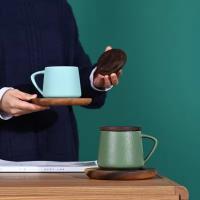 China 400ml Ceramic Coffee Mug with Wooden Lid and Saucer Tea Cup Cafe Drinkware for sale