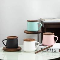 China 400ml Ceramic Coffee Mug with Wooden Lid and Saucer Tea Cup Cafe Drinkware for sale