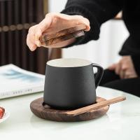 China 400ml Ceramic Coffee Mug with Wooden Lid and Saucer Tea Cup Cafe Drinkware for sale
