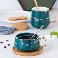 China Nordic Marble Gold Ceramic Coffee Mug 300ml with Wood Saucer and Lid Luxury Matte Cup for sale