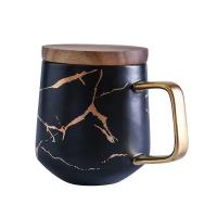 China Nordic Marble Gold Ceramic Coffee Mug 300ml with Wood Saucer and Lid Luxury Matte Cup for sale