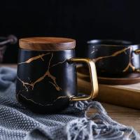 China Nordic Marble Gold Ceramic Coffee Mug 300ml with Wood Saucer and Lid Luxury Matte Cup for sale