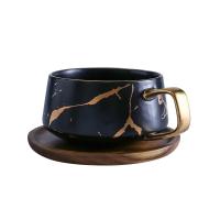 China Nordic Marble Gold Ceramic Coffee Mug 300ml with Wood Saucer and Lid Luxury Matte Cup for sale