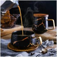 China Nordic Marble Gold Ceramic Coffee Mug 300ml with Wood Saucer and Lid Luxury Matte Cup for sale
