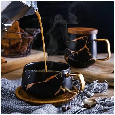 China Nordic Marble Gold Ceramic Coffee Mug 300ml with Wood Saucer and Lid Luxury Matte Cup for sale