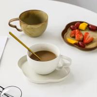 China Wholesale Retro Stoneware Mug Set Japanese Style Handmade White Ceramic Coffee Cup 250ml with Saucer for sale
