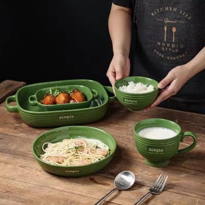 China Ceramic Dinnerware Set 12 Piece Green Oven Safe Baking Dish Restaurant Hotel Dinner Plates Bowls Mugs for sale