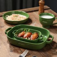China Ceramic Dinnerware Set 12 Piece Green Oven Safe Baking Dish Restaurant Hotel Dinner Plates Bowls Mugs for sale