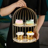 China Ceramic Cake Stand 3 Tier Birdcage Design Dessert Display Tray for Afternoon Tea 27x27x49 cm for sale