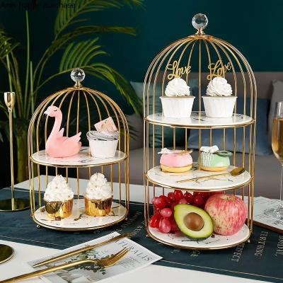 China Ceramic Cake Stand 3 Tier Birdcage Design Dessert Display Tray for Afternoon Tea 27x27x49 cm for sale