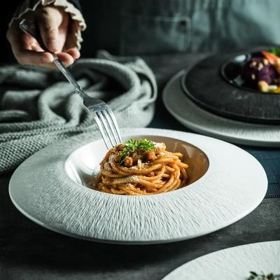 China Japanese Ceramic Western Food Soup Plates 35x30 cm Matte Finish Black White Dinner Pasta Dish for sale