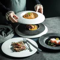 China Japanese Ceramic Western Food Soup Plates 35x30 cm Matte Finish Black White Dinner Pasta Dish for sale